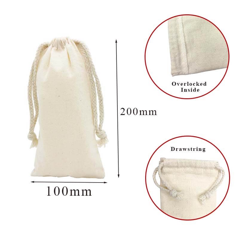 Small Calico Drawstring Bags 100x200mm - 50pcs