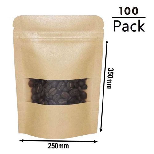 1kg Kraft Stand Up Pouches with Window 250x350x50mm - 100pcs